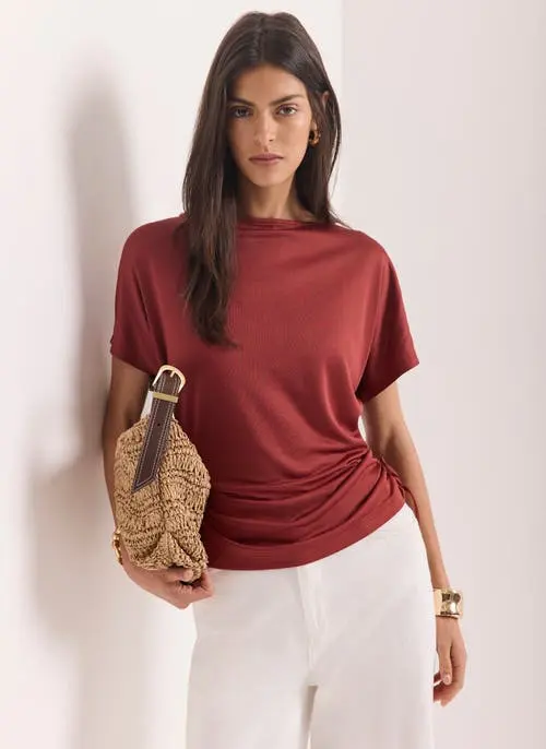 Mint Velvet Jersey Ruched Tie Detail Top - Brown