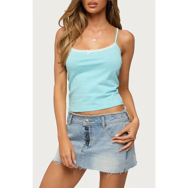 EDIKTED Emmaline Stripe Lace Trim Camisole - Aqua
