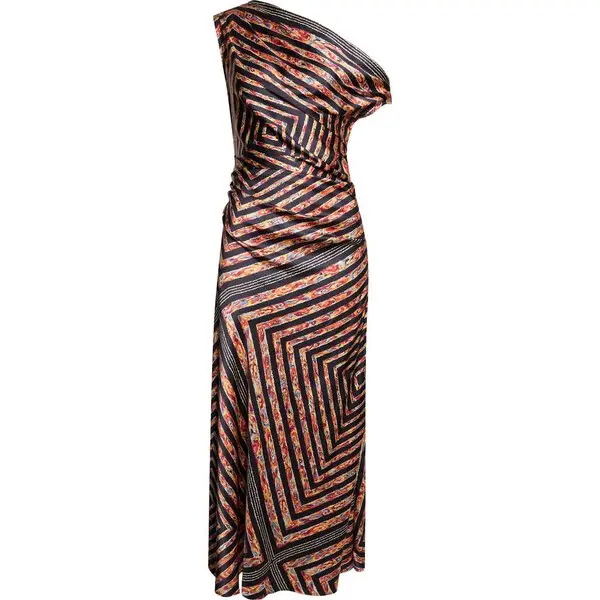 Staud Portia One-shoulder Stripe Silk Midi Dress