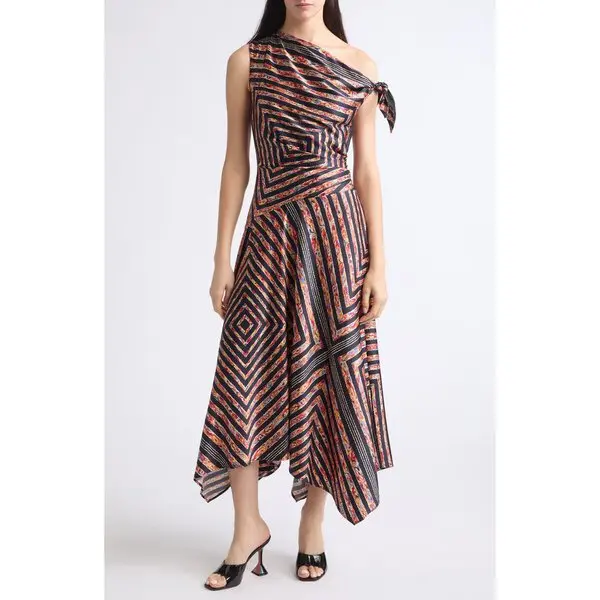 Staud Portia One-shoulder Stripe Silk Midi Dress - Studio