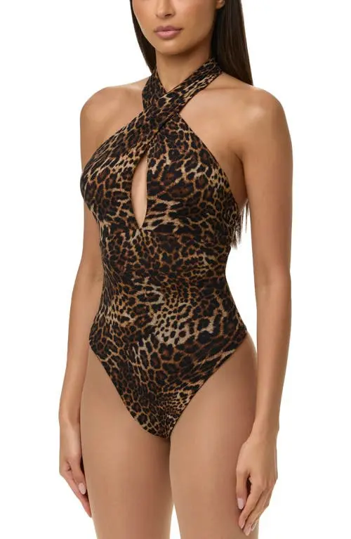Naked Wardrobe Twist Neck Leopard Print Bodysuit