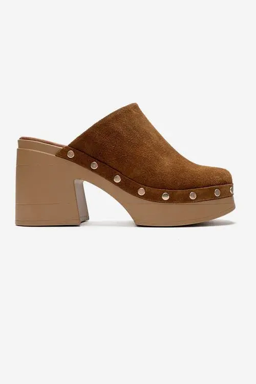 FOREVER & ALWAYS SHOES Bellune Leather Block Heel Platform Mule - Cognac Suede