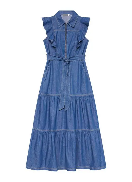 Mint Velvet Denim Ruffle Maxi Shirt Dress