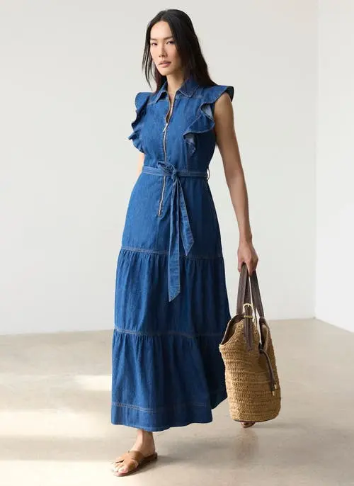 Mint Velvet Denim Ruffle Maxi Shirt Dress
