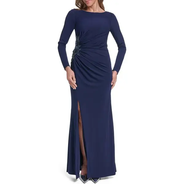 Eliza J Beaded Detail Side Ruched Long Sleeve Gown