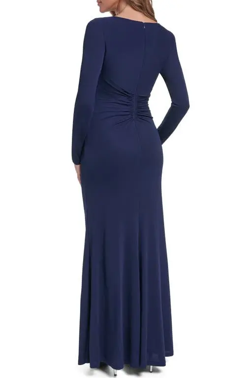 Eliza J Beaded Detail Side Ruched Long Sleeve Gown