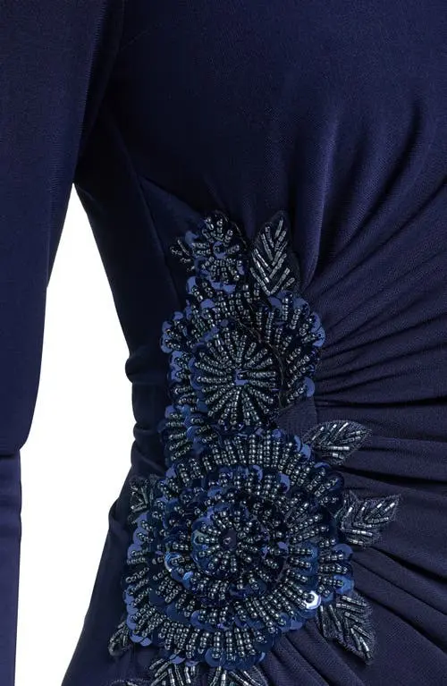 Eliza J Beaded Detail Side Ruched Long Sleeve Gown
