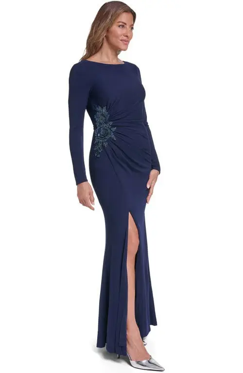 Eliza J Beaded Detail Side Ruched Long Sleeve Gown