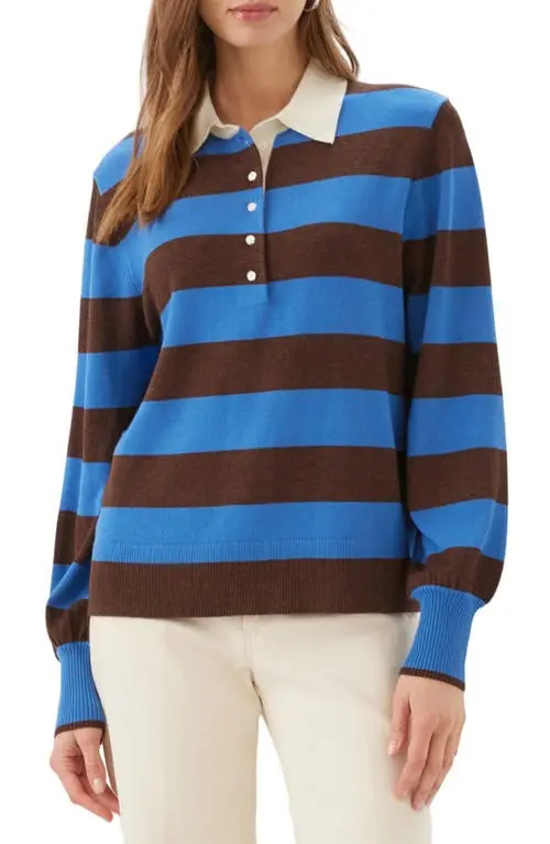 Karen Kane Striped Knit Polo Sweater - Chocolate/sky