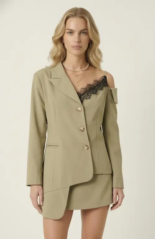 MODENAIRE Asymmetric One Shoulder Tailored Blazer Jacket - Khaki