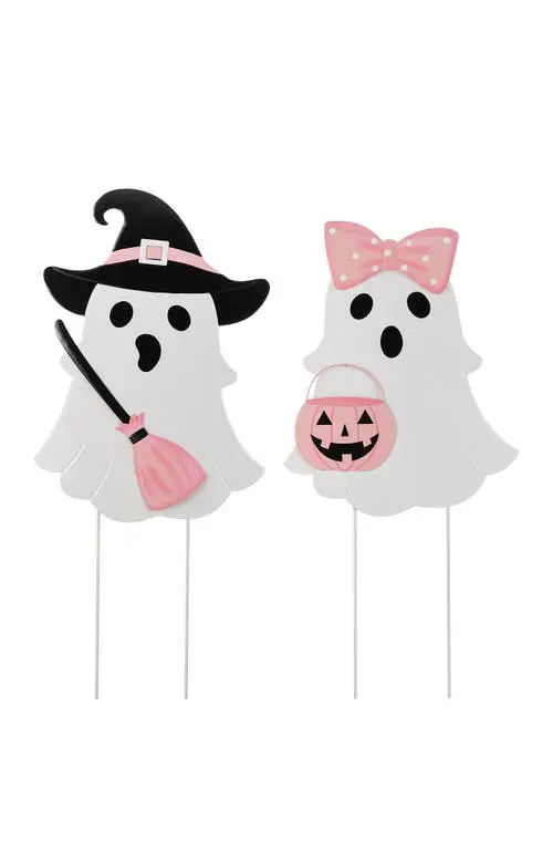 GLITZHOM Halloween Metal Ghosts Set Yard Stakes - White