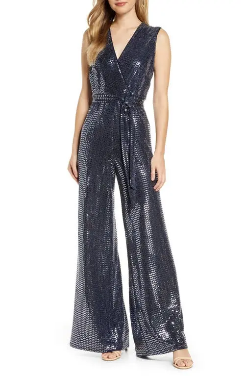 Donna Ricco Sequin Sleeveless Wide Leg Jumpsuit - Blue