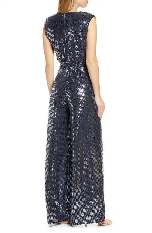 Donna Ricco Sequin Sleeveless V-neck Wide-leg Jumpsuit