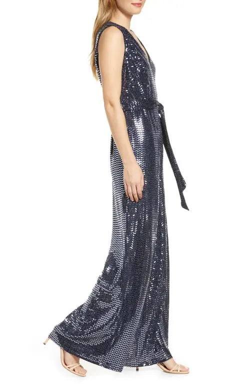 Donna Ricco Sequin Sleeveless V-neck Wide-leg Jumpsuit