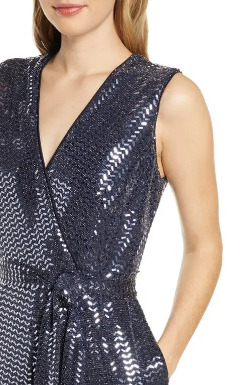 Donna Ricco Sequin Sleeveless V-neck Wide-leg Jumpsuit