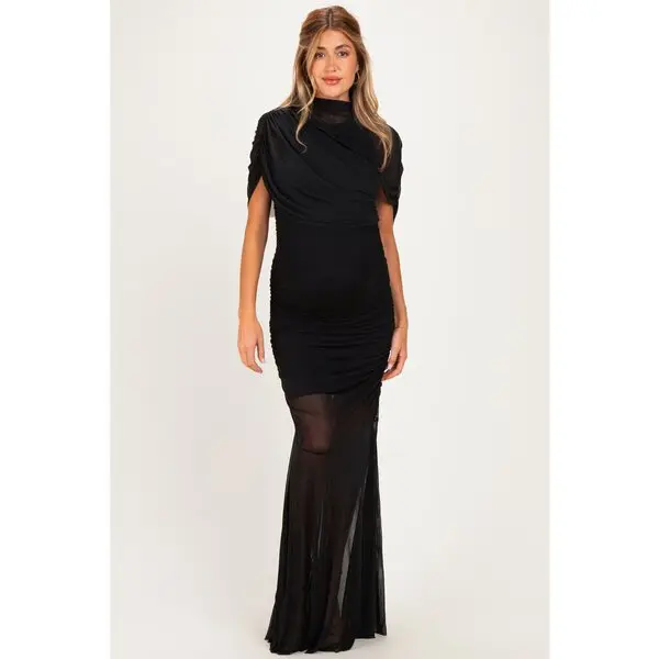 PINKBLUSH Draped Bodice Ruched Mesh Maxi Dress - Black