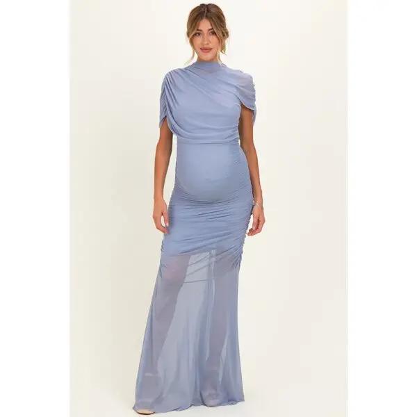 PINKBLUSH Draped Bodice Ruched Mesh Maxi Dress