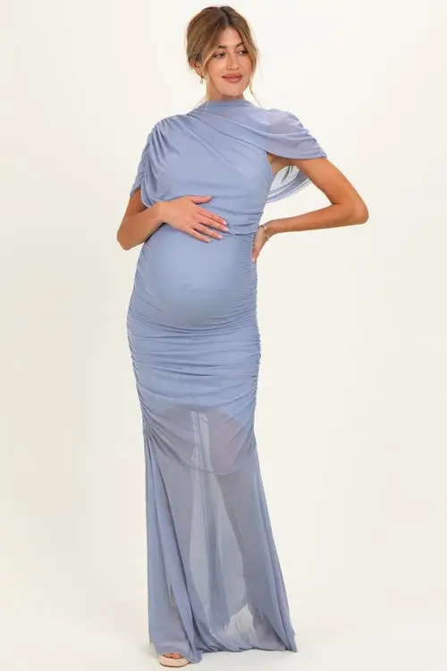 PINKBLUSH Draped Bodice Ruched Mesh Maxi Dress