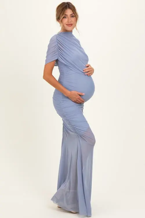 PINKBLUSH Draped Bodice Ruched Mesh Maxi Dress