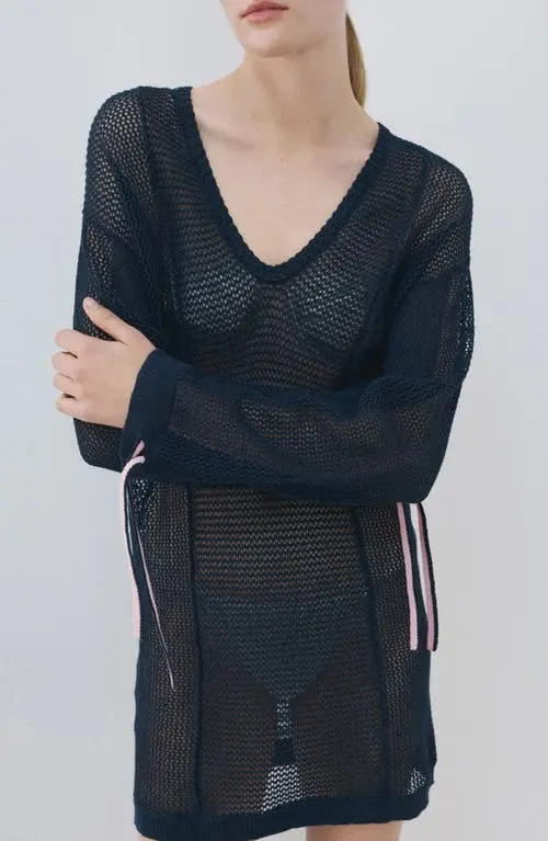 Mango Open Knit V-neck Long Sleeve Mini Dress With Cuff Ties