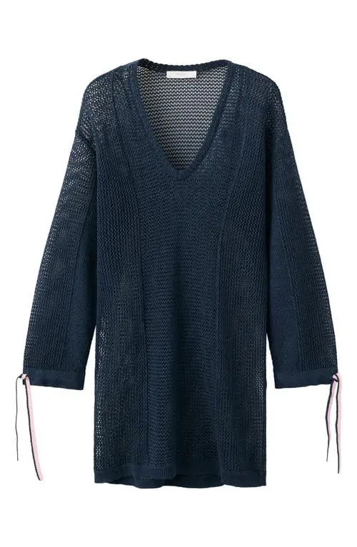 Mango Open Knit V-neck Long Sleeve Mini Dress With Cuff Ties
