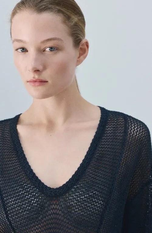 Mango Open Knit V-neck Long Sleeve Mini Dress With Cuff Ties