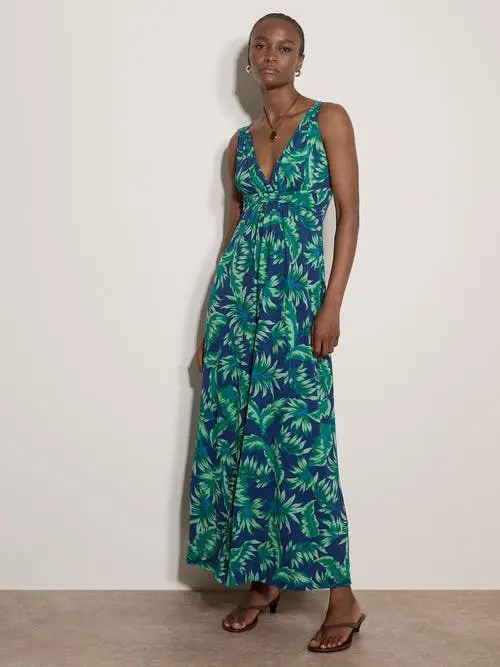 APRICOT Vintage Tropical Leaf Maxi Dress - Blue