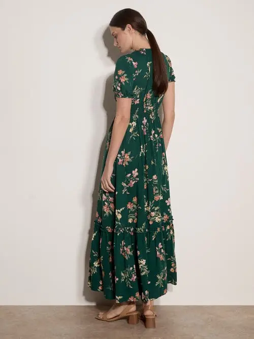 APRICOT Watercolour Floral Tiered Maxi Dress - Green