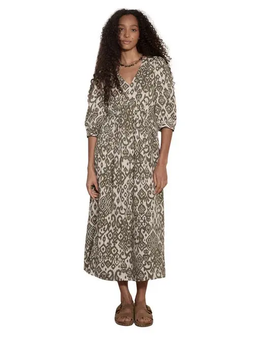 APRICOT Ikat V-neck 3/4 Sleeve Midi Dress - Khaki