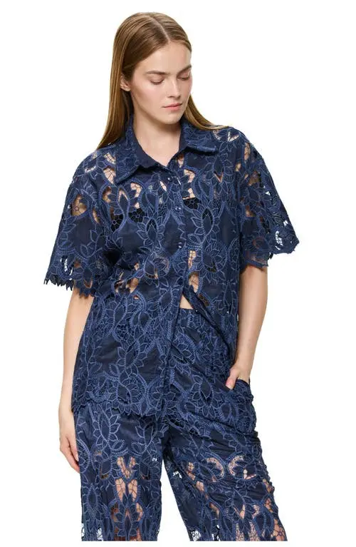 GOTTEX Guipure Lace Short Sleeve Shirt Cover-up - Navy