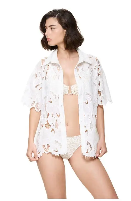 GOTTEX Guipure Lace Short Sleeve Shirt Cover-up - White