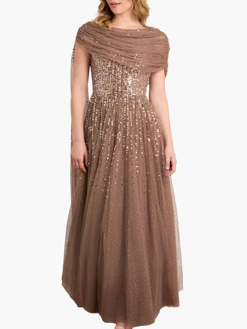 NEEDLE & THREAD Moonlight Sequin Draped Gown - Cocoa/tawny