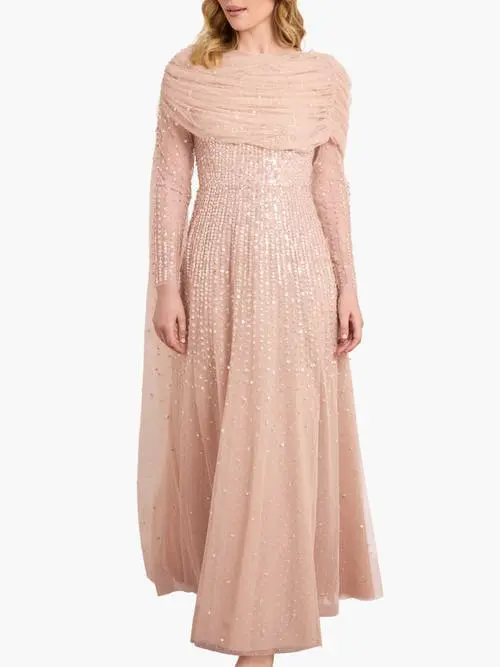 NEEDLE & THREAD Moonlight Sequin Draped Long Sleeve Gown - Biscuit