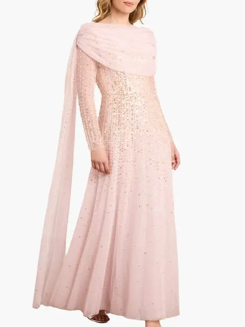 NEEDLE & THREAD Moonlight Sequin Draped Long Sleeve Gown - Shell/gold