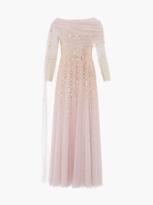 NEEDLE & THREAD Moonlight Sequin Draped Long Sleeve Gown - Shell/gold