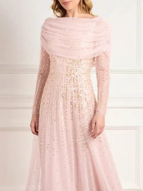 NEEDLE & THREAD Moonlight Sequin Draped Long Sleeve Gown - Shell/gold