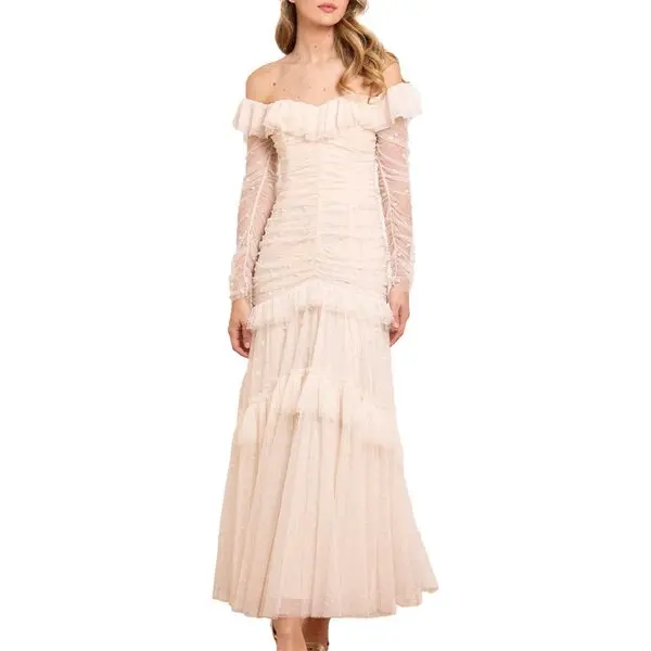 NEEDLE & THREAD Sequin Glimmer Rouched Off-shoulder Gown