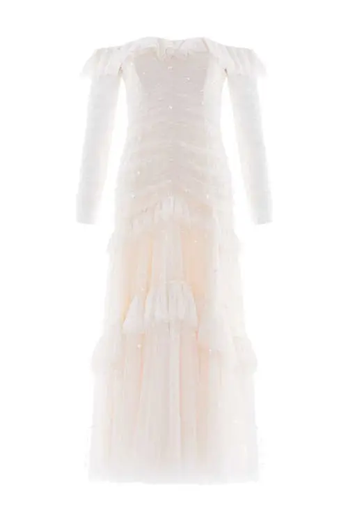NEEDLE & THREAD Sequin Glimmer Rouched Off-shoulder Gown