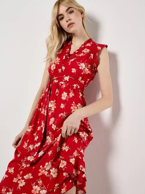 APRICOT Floral Ditsy Midi Dress With Ruffled Cap Sleeves
