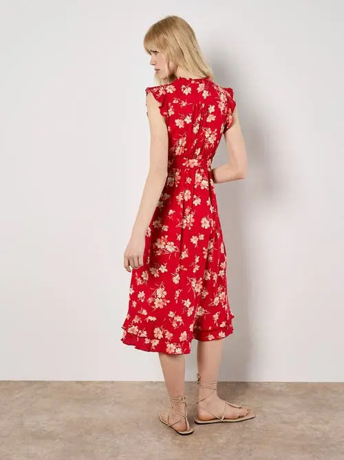 APRICOT Floral Ditsy Midi Dress With Ruffled Cap Sleeves