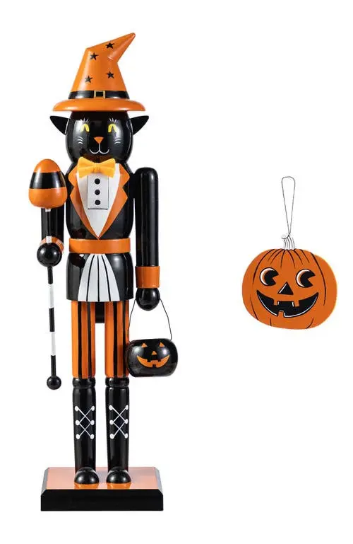 GLITZHOME 18.25"h Halloween Wood Cat Nutcracker With Ornament - Black