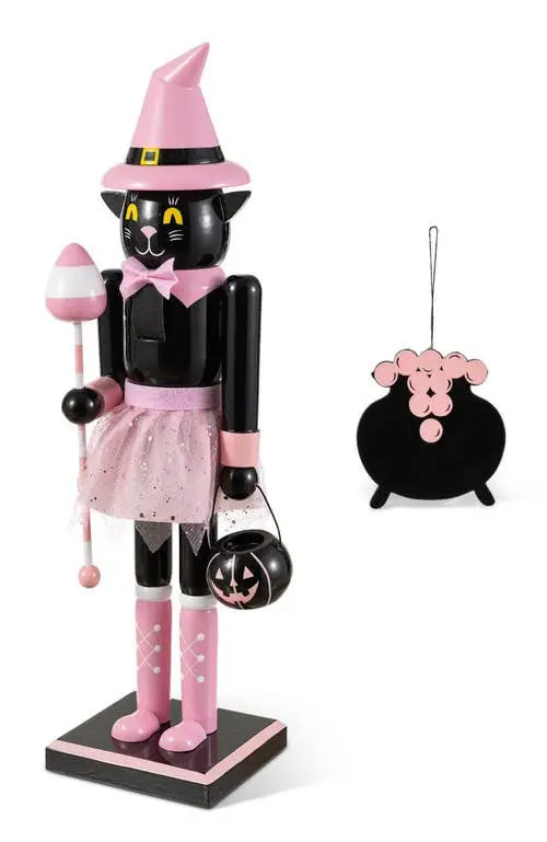 GLITZHOME Halloween Wooden Black Cat Nutcracker With Pumpkin Ornament - Pink