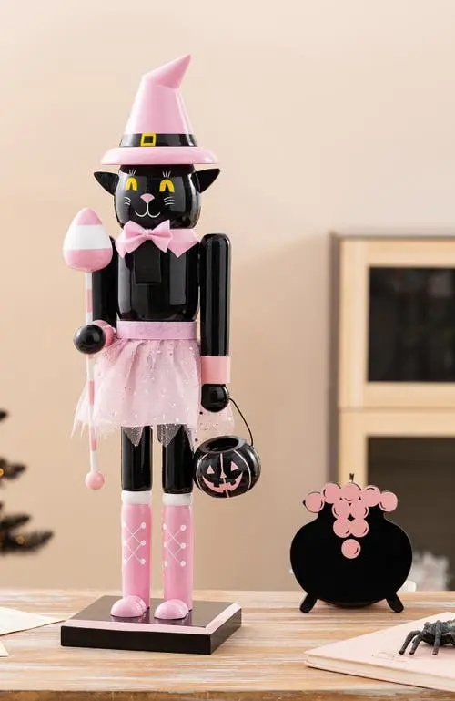 GLITZHOME Halloween Wooden Black Cat Nutcracker With Pumpkin Ornament