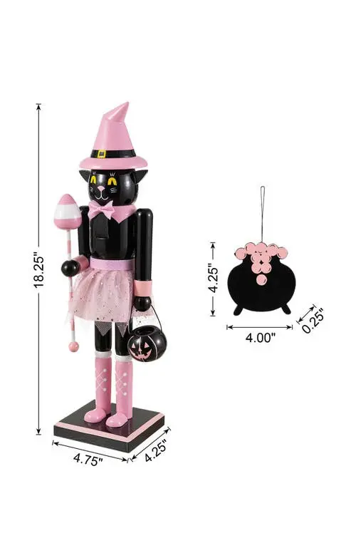 GLITZHOME Halloween Wooden Black Cat Nutcracker With Pumpkin Ornament