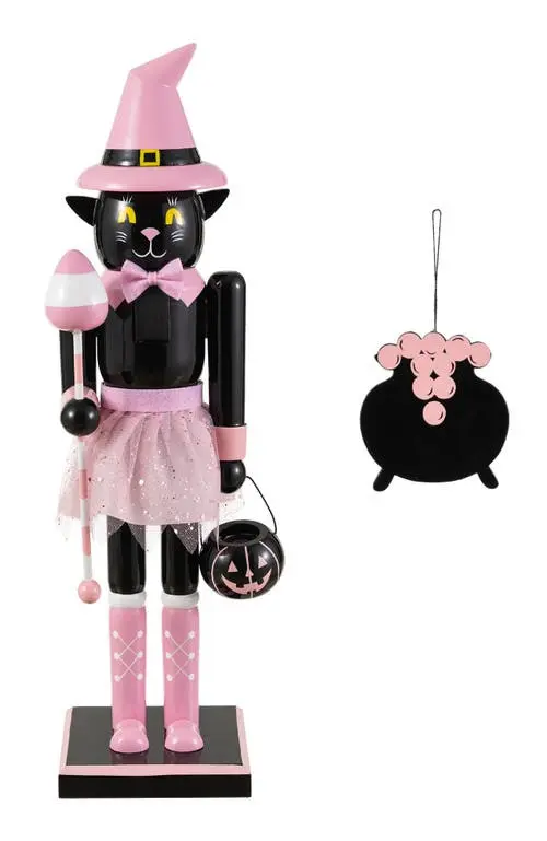 GLITZHOME Halloween Wooden Black Cat Nutcracker With Pumpkin Ornament