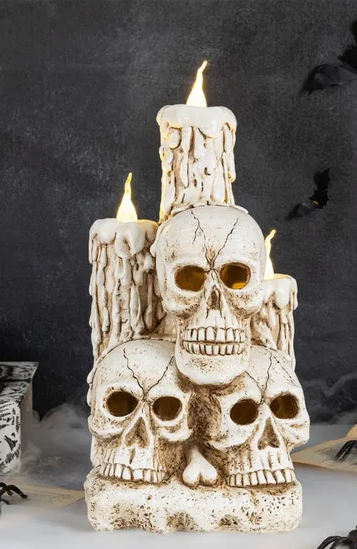 GLITZHOME Halloween Lighted Resin Reaper Skulls Candles Figurine - White
