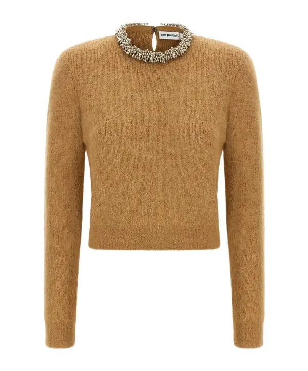 SELF-PORTRAIT Embellished Collar Knitted Sweater - Brown