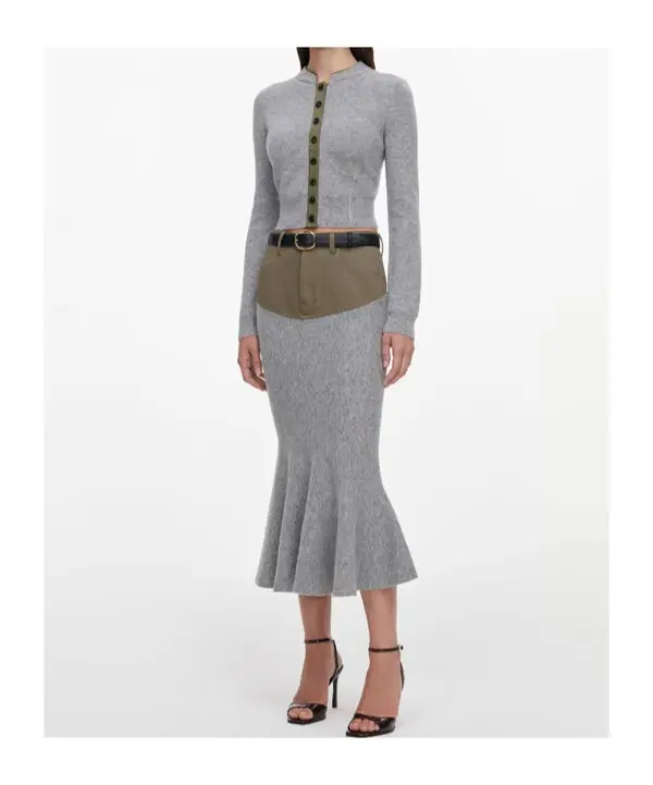 SELF-PORTRAIT Knit Khaki Denim Insert Midi Skirt