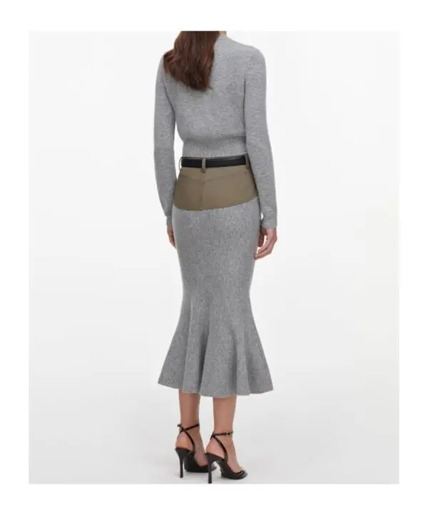 SELF-PORTRAIT Knit Khaki Denim Insert Midi Skirt