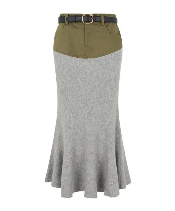SELF-PORTRAIT Belted Contrast Panel Knitted Skirt - Grey